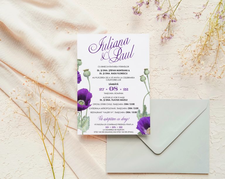 Invitatie nunta cu flori mov LOUISA | Nuptialis